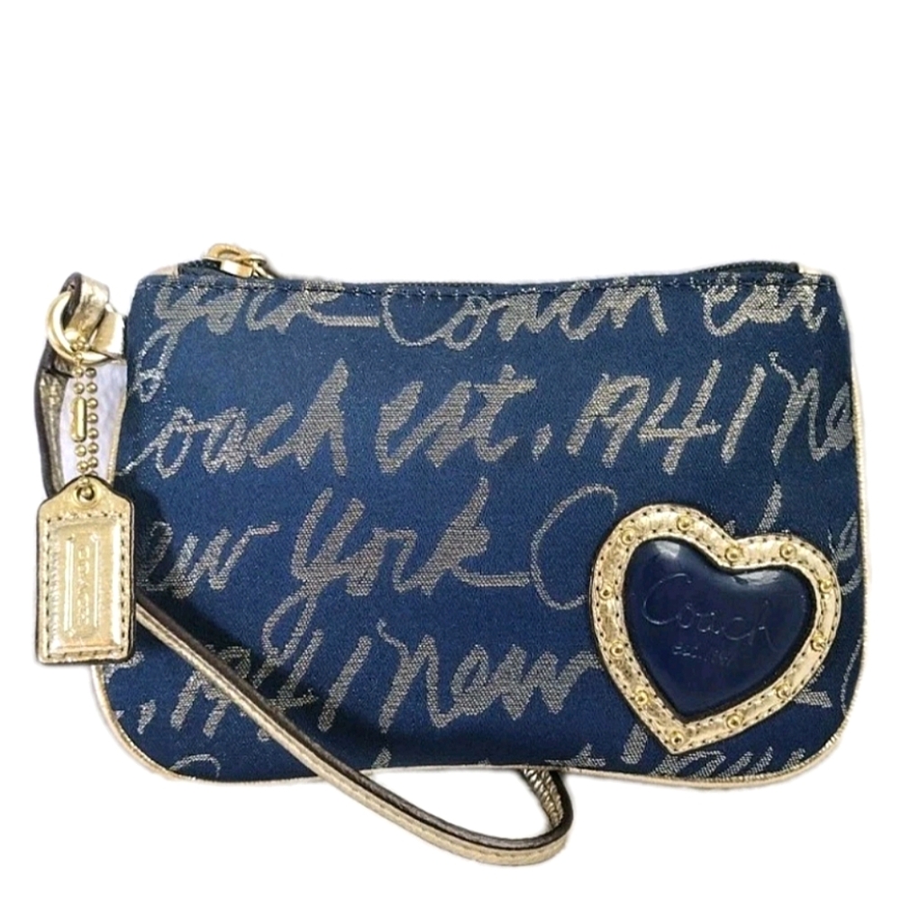 Coach Navy Blue Metallic Gold Script Embossed Heart S… - Gem